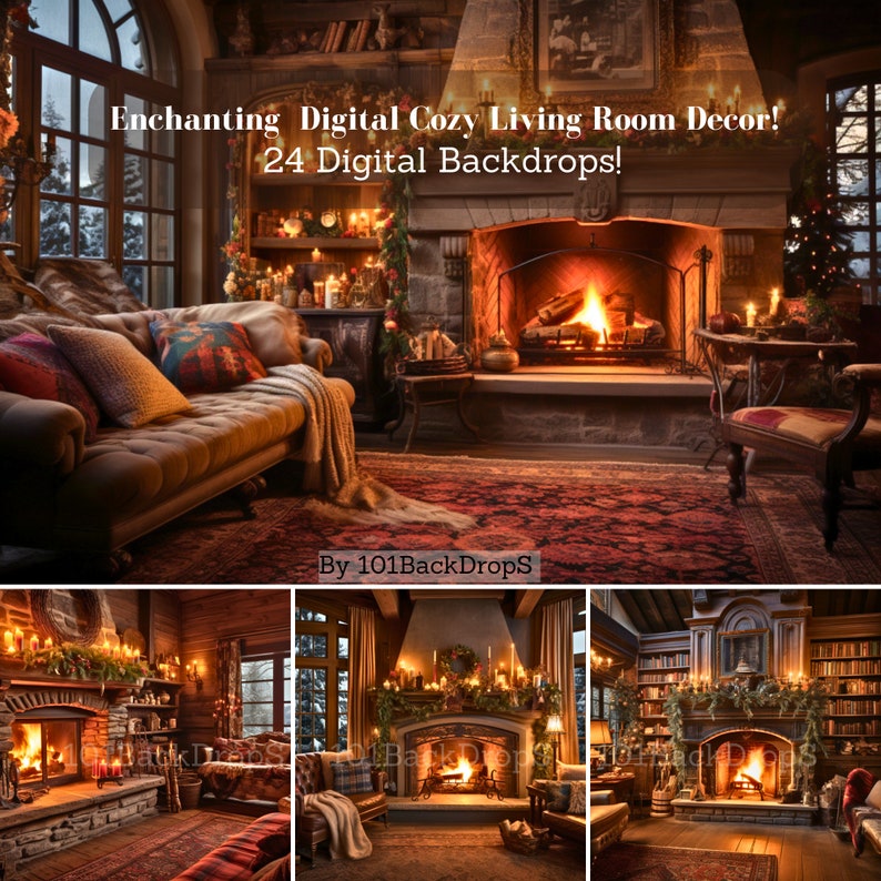 Bundle of 24 Cozy Fireside Retreat Backdrops Magical Living Room Scene ...