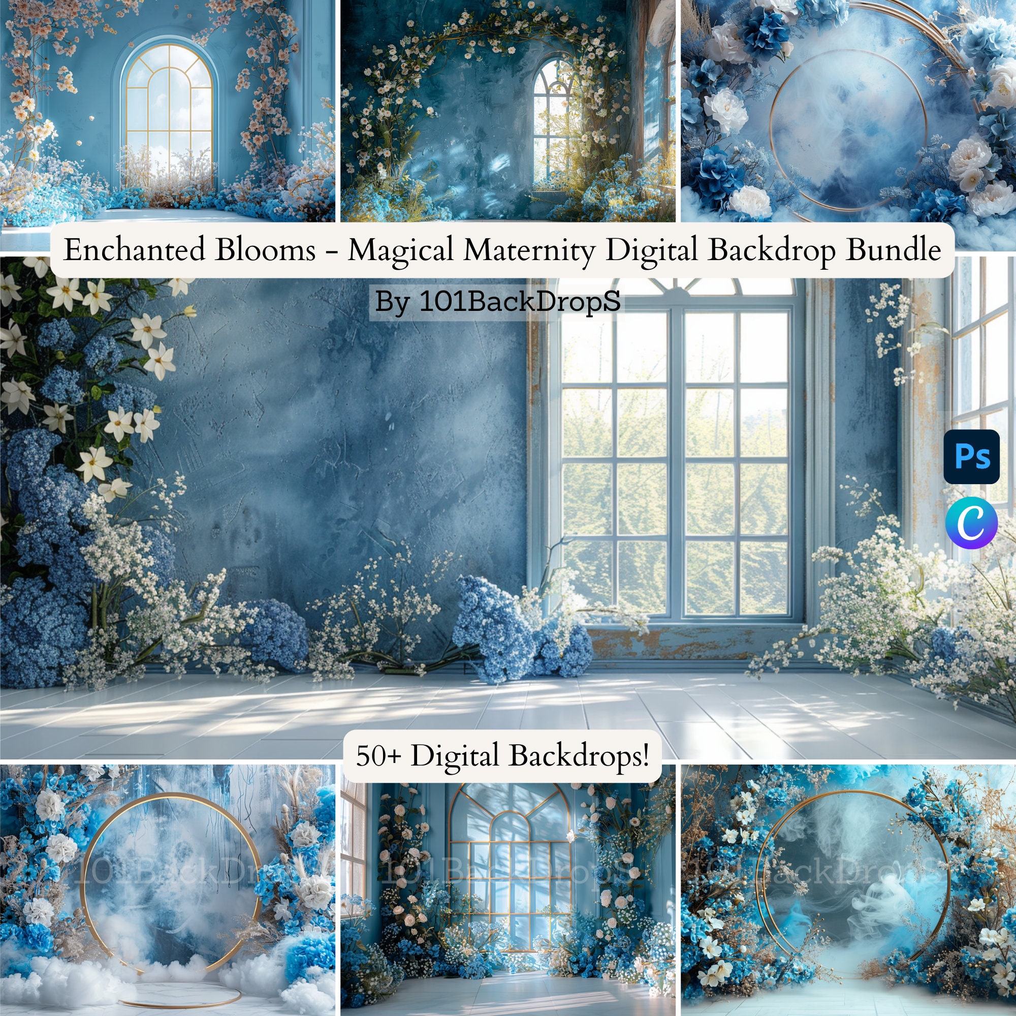 50+ Maternity Digital Backdrop Floral Maternity Backdrop Blue Digital ...