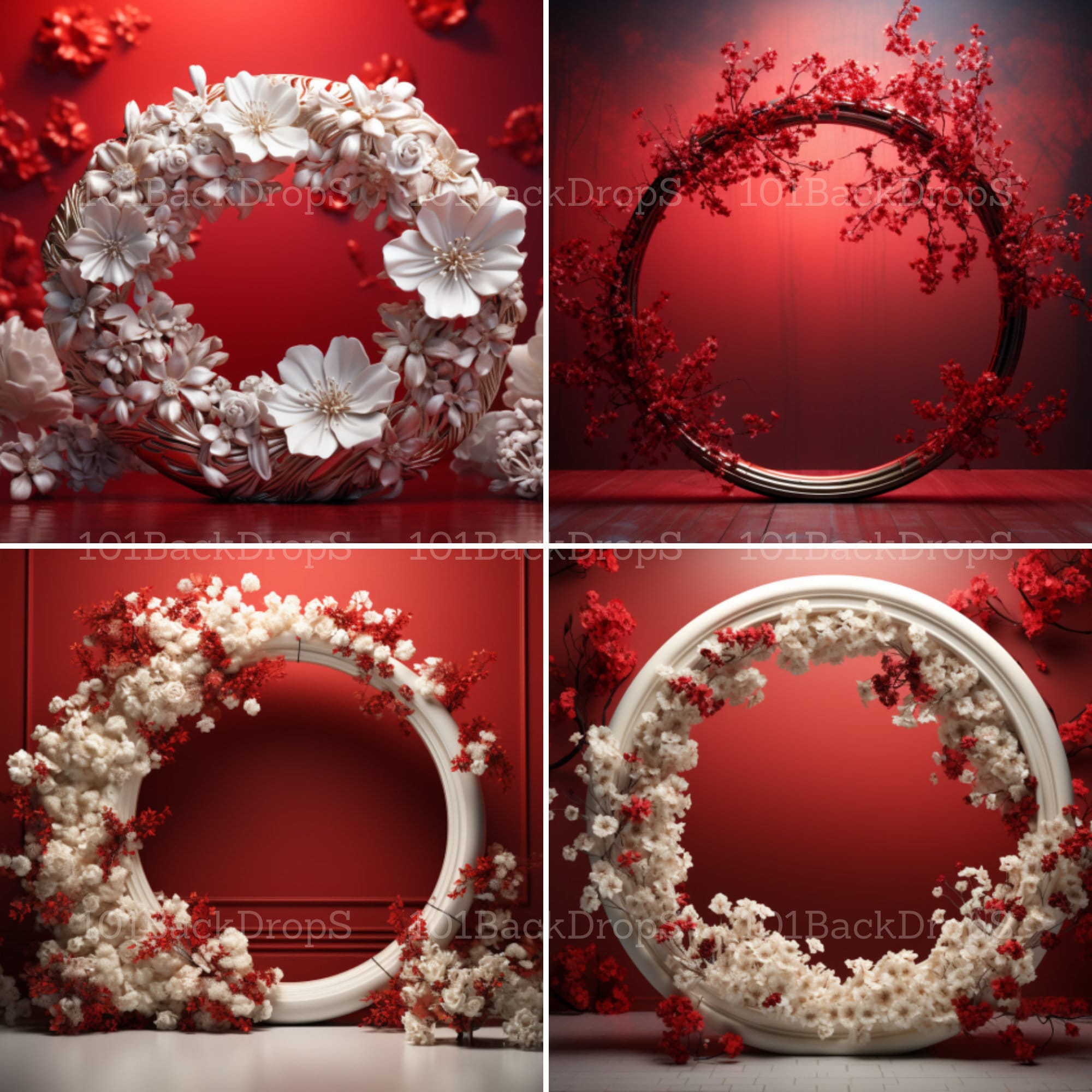 Red Floral Ring Digital Backdrops, Red Floral Hoop Backdrops, Maternity ...