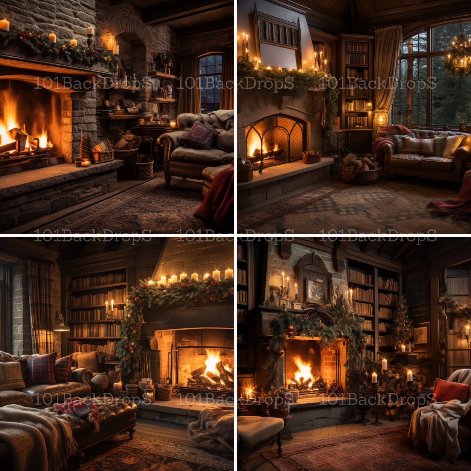 Bundle of 24 Cozy Fireside Retreat Backdrops Magical Living Room Scene ...