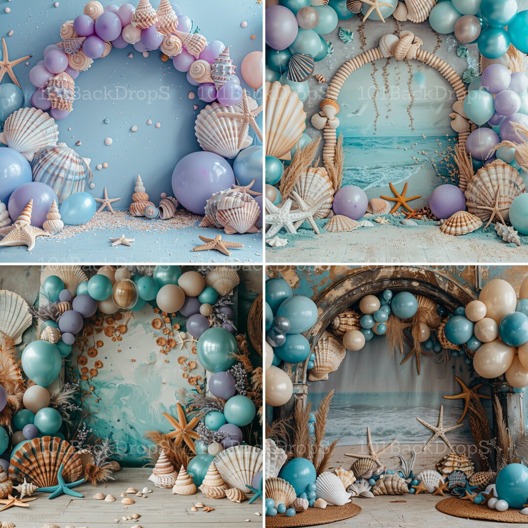 Mermaid Balloons Digital Backdrops, Shells Balloons Arch Backdrop, Cake ...
