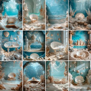 Ocean Mermaid Shell Digital Backdrops, Blue Romantic, Photoshop ...