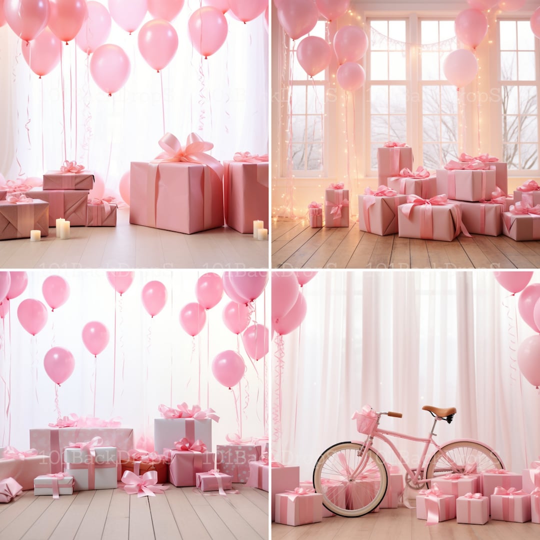 30 Pink Balloons Digital Photography Backdrop Pink Baby Birthday Cake ...