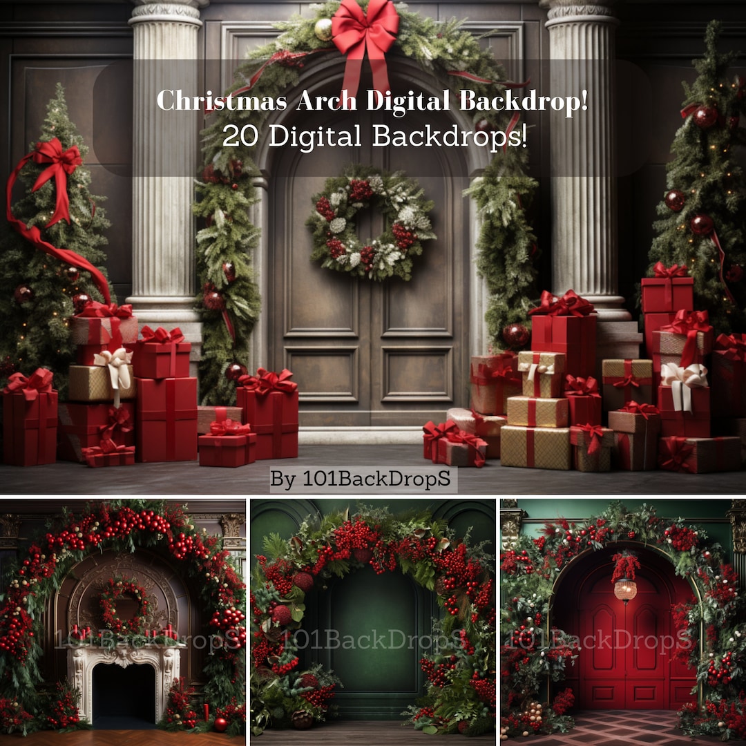 Christmas Arch Digital Backdrop Bundle, Family Xmas Backgrounds, Red ...