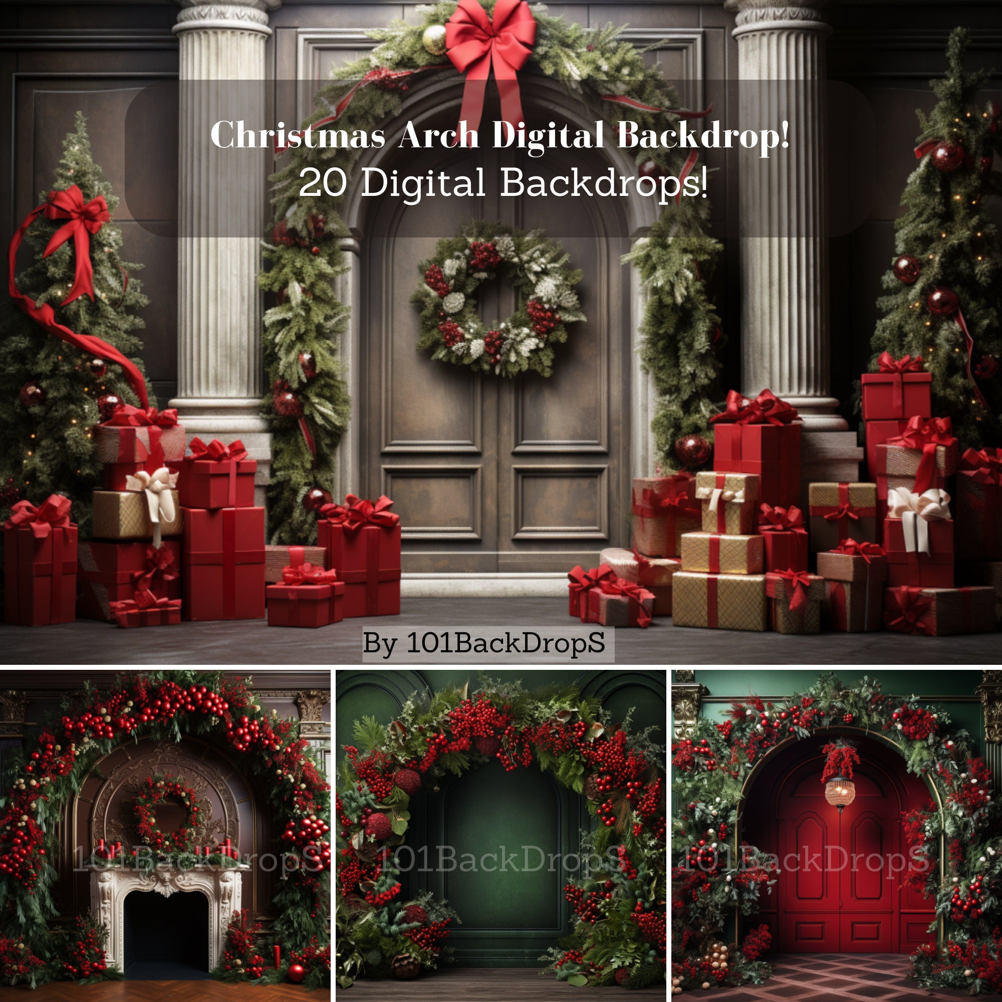 Christmas Arch Digital Backdrop Bundle, Family Xmas Backgrounds, Red ...
