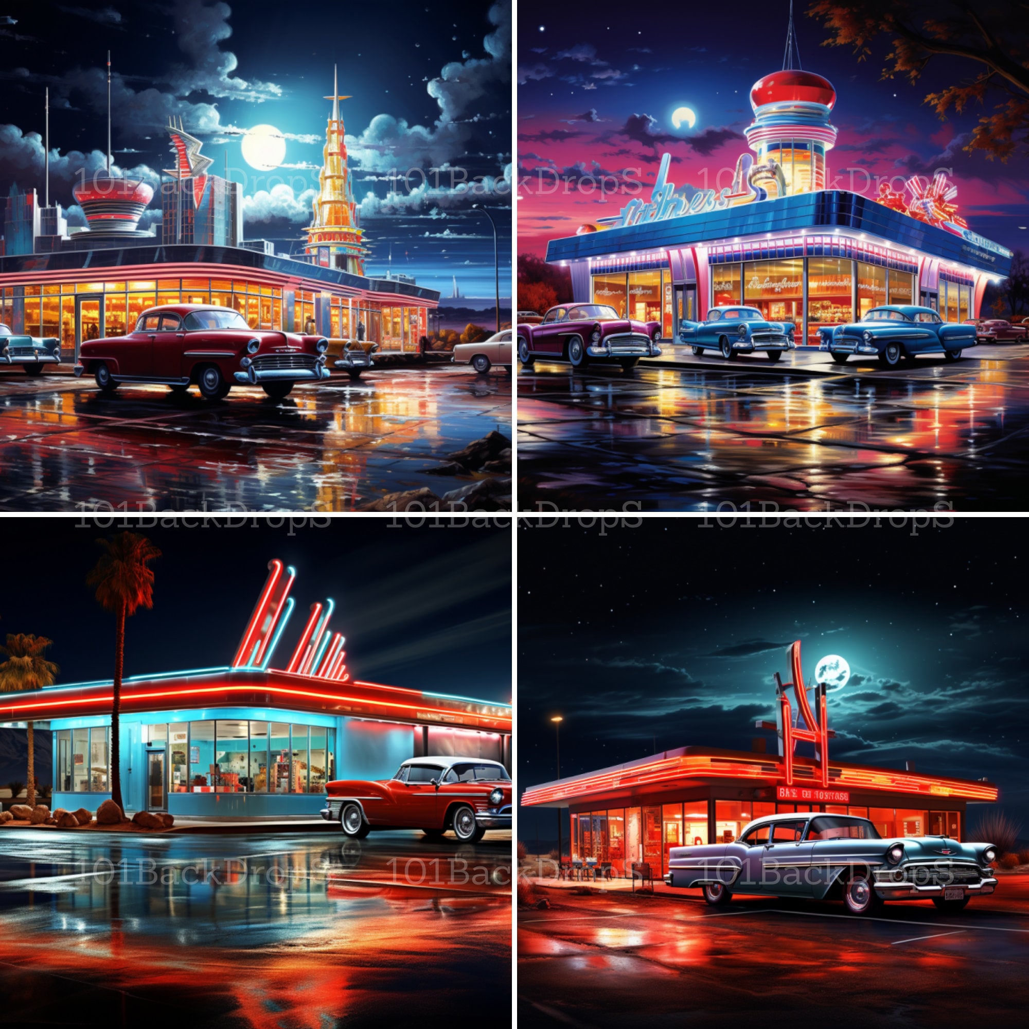 Bundle of 32 Retro Route 66 Diner Night Scene - Neon Lights Digital ...