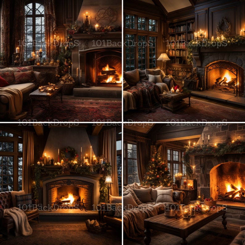 Bundle of 24 Cozy Fireside Retreat Backdrops Magical Living Room Scene ...