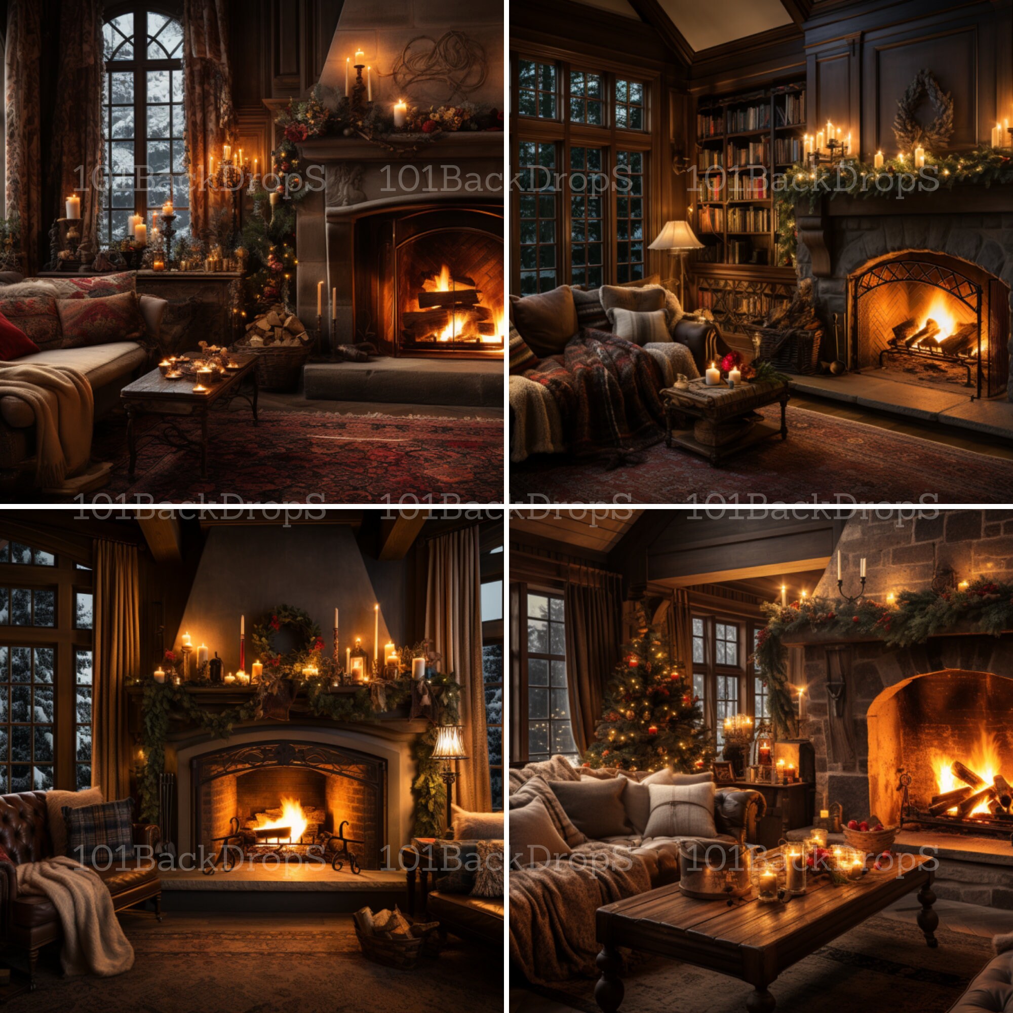 Bundle of 24 Cozy Fireside Retreat Backdrops Magical Living Room Scene ...