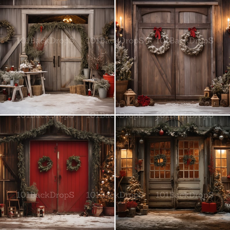Christmas Barn Doors Digital Backdrops, Studio Backdrops Holiday Winter, , Family Kids ...