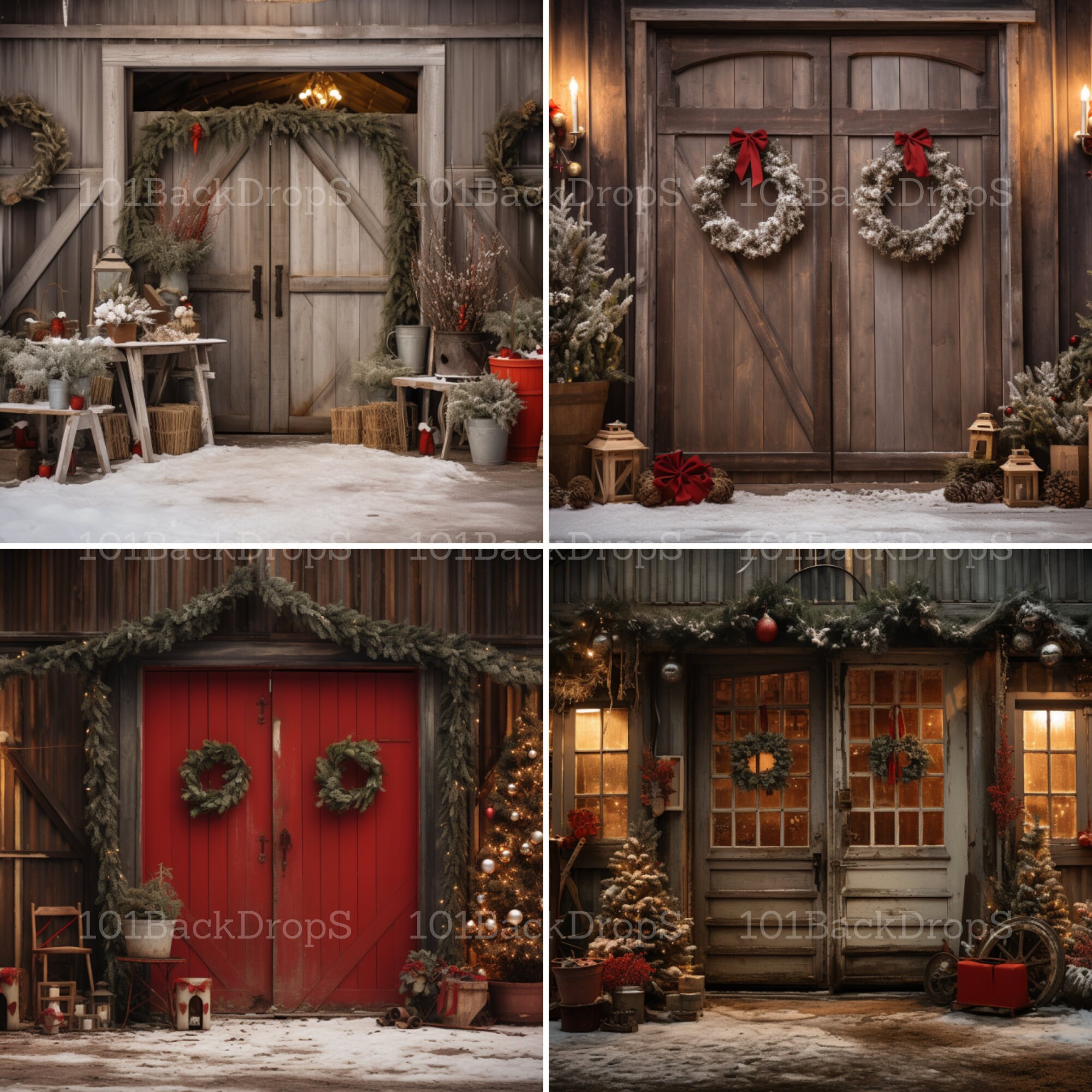 Christmas Barn Doors Digital Backdrops, Studio Backdrops Holiday Winter, , Family Kids ...