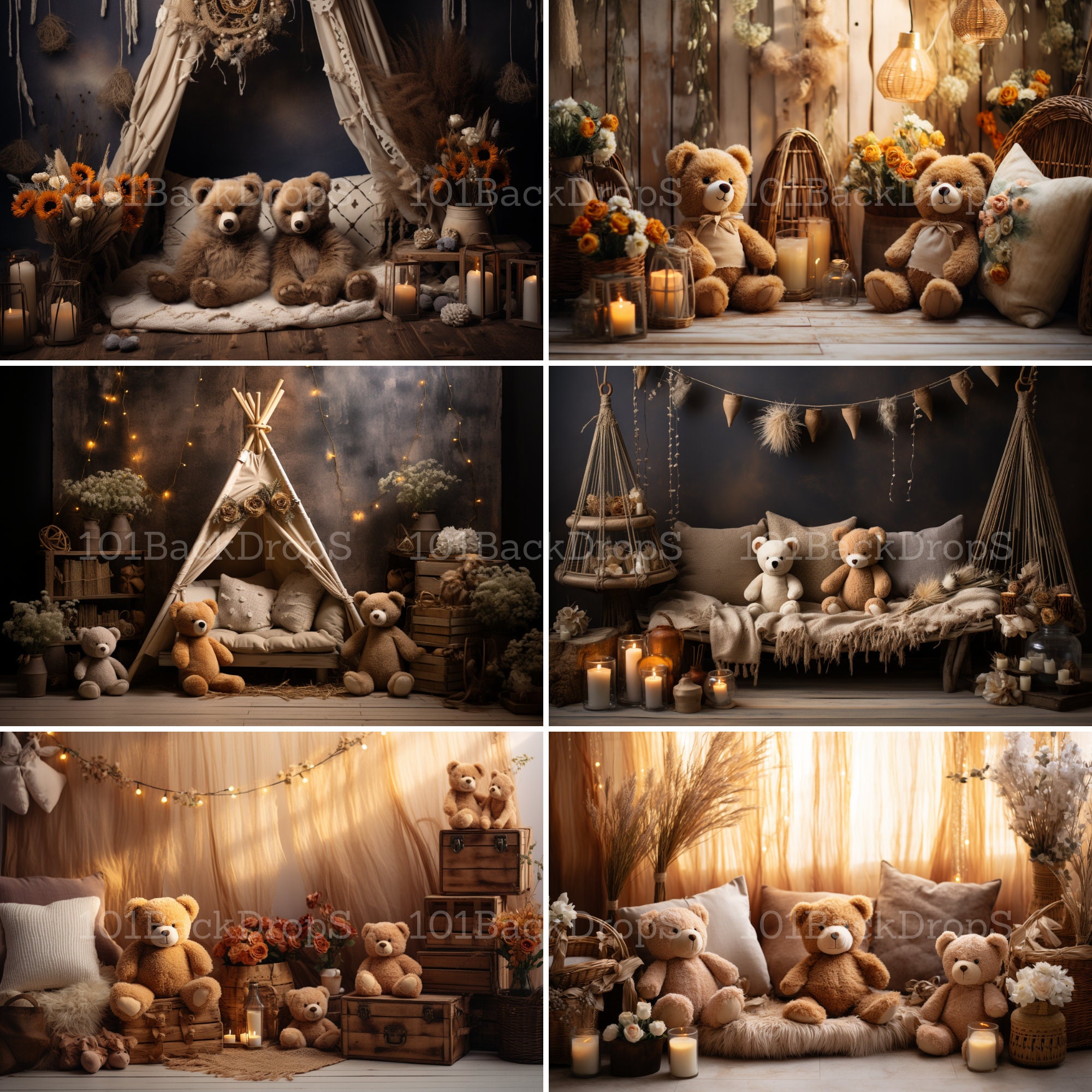 23 Digital Toddler Backdrops Boho Teddy Bears Collection, Digital ...