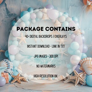 Mermaid Balloons Digital Backdrops, Shells Balloons Arch Backdrop, Cake ...