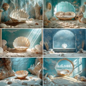 Ocean Mermaid Shell Digital Backdrops, Blue Romantic, Photoshop ...