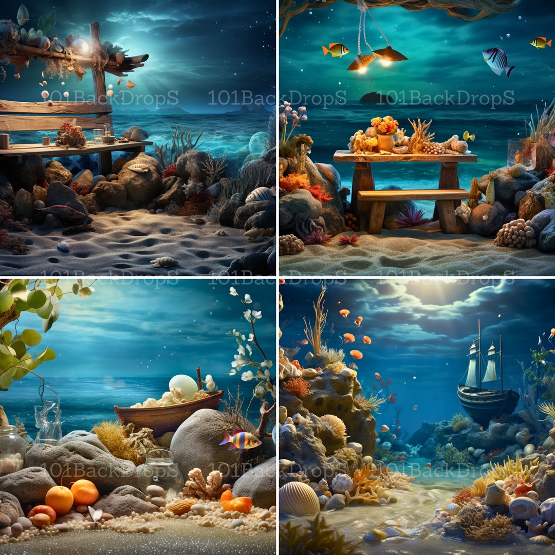 32 Mermaid Digital CG Backdrops, Ocean Backgrounds, Beach Stock ...