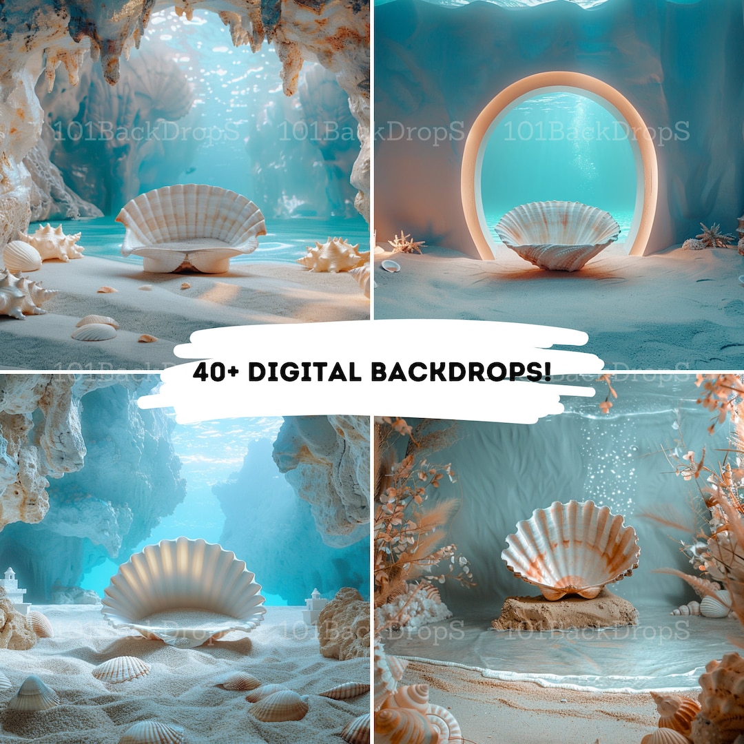 Ocean Mermaid Shell Digital Backdrops, Blue Romantic, Photoshop ...
