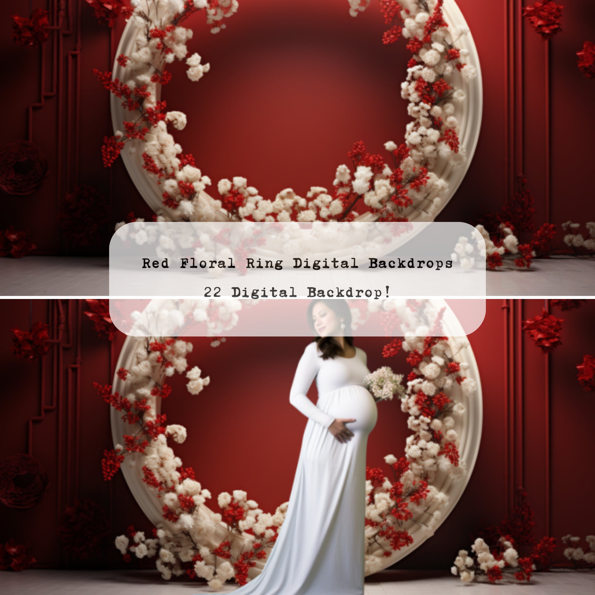 Red Floral Ring Digital Backdrops, Red Floral Hoop Backdrops, Maternity ...