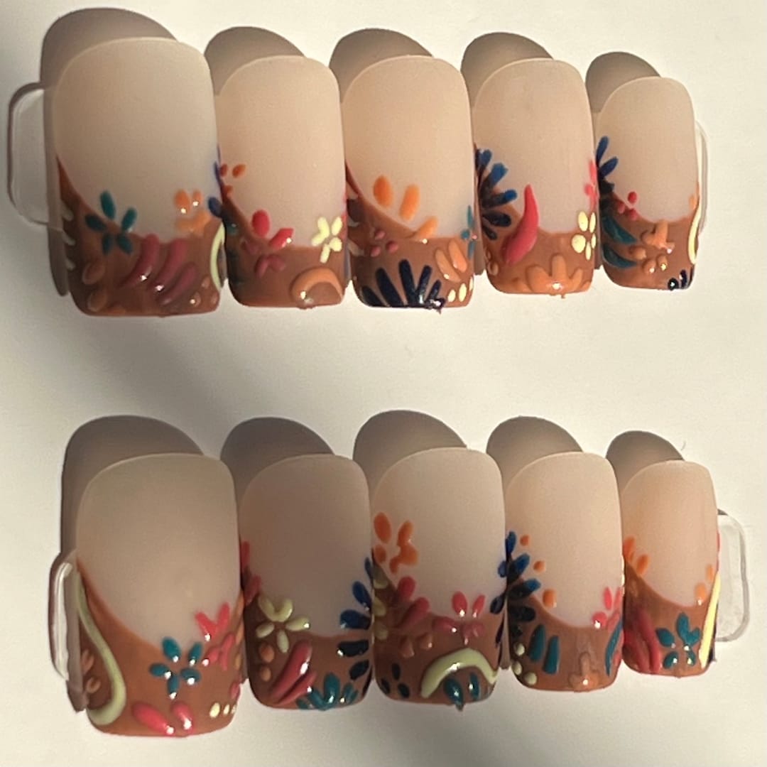 Uñas De Barro Nails Mexican Floral Press on Nails Neutral Floral Nails ...