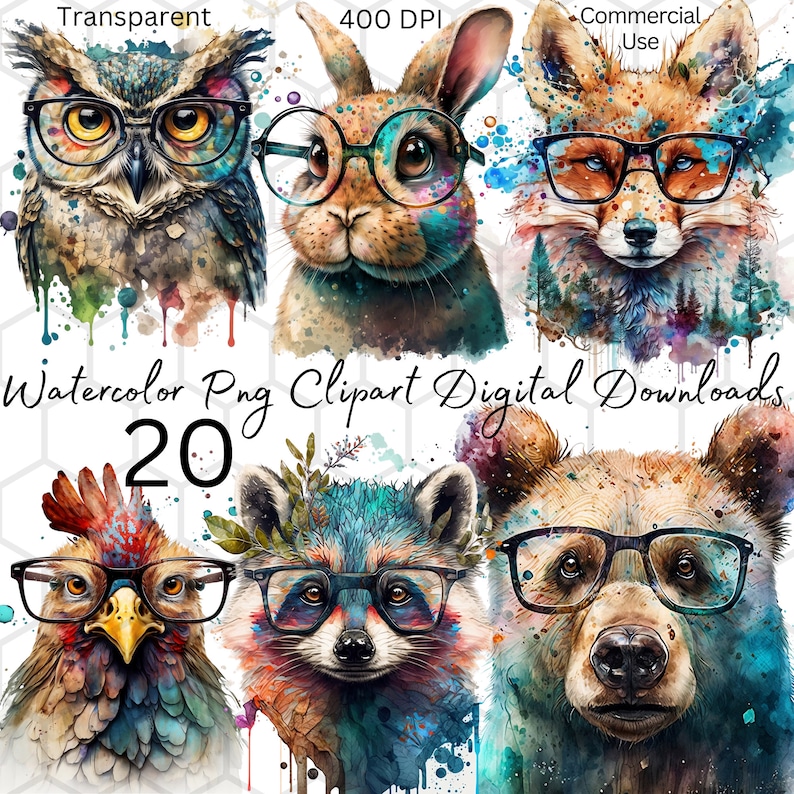 Whimsical Watercolor Animals With Glasses Clipart - 20 Transparent 400 ...