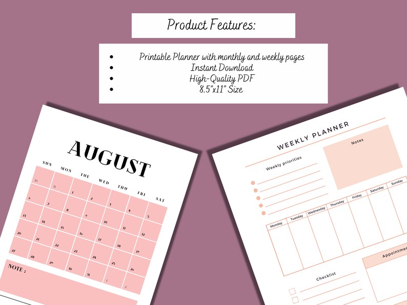 Printable Monthly and Weekly Calendar 2023-2024 August to August - Etsy