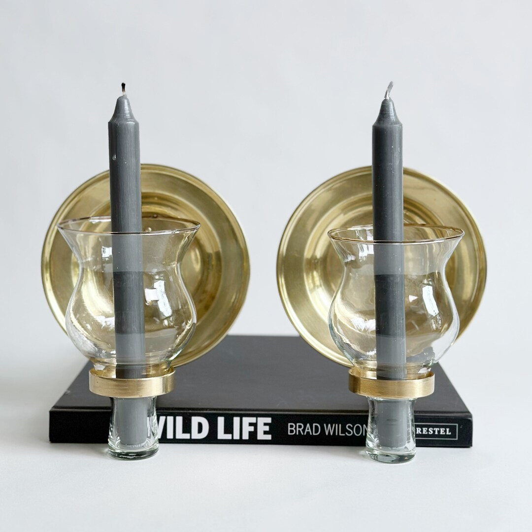 Vintage Brass Candlestick Wall Sconces With Glass Holders, 1980's - Etsy