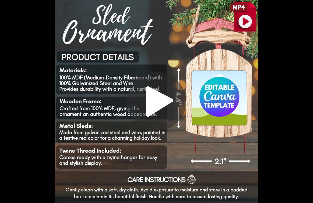 Wooden Sled Ornament Size Chart & Video Mockup, Canva Template for POD ...