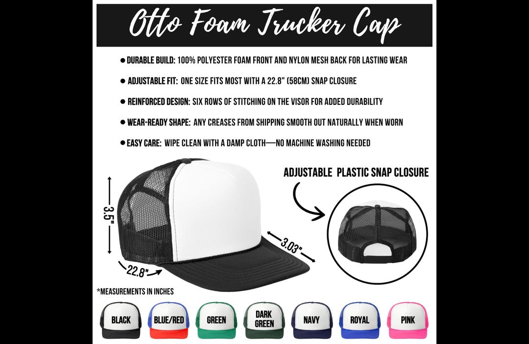 Otto Trucker Cap 39-169 Size & Color Chart, Otto Cap Size Chart ...