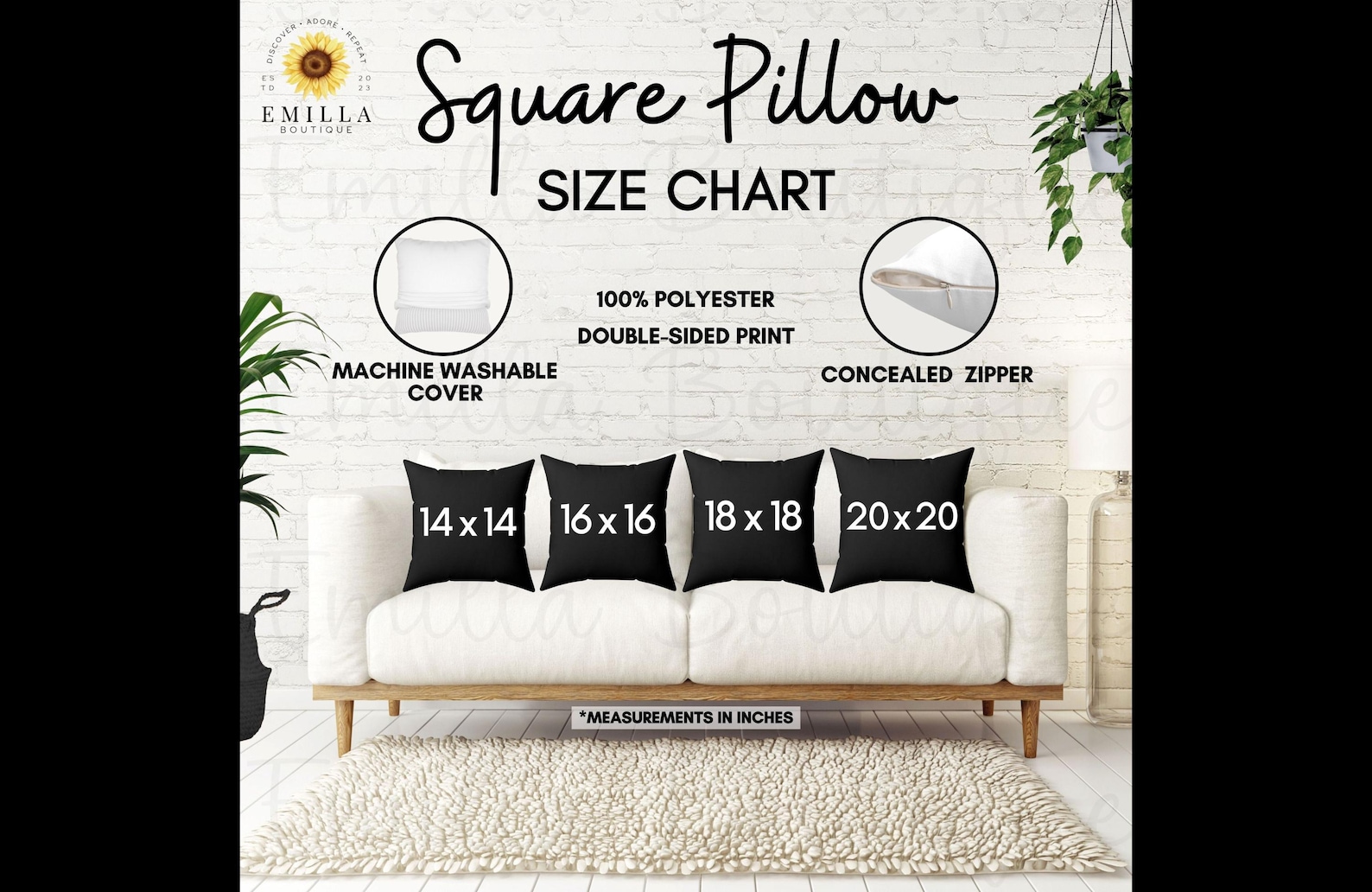 Square Pillow Mockup Size Chart, Spun Polyester Pillow Sizing Chart ...