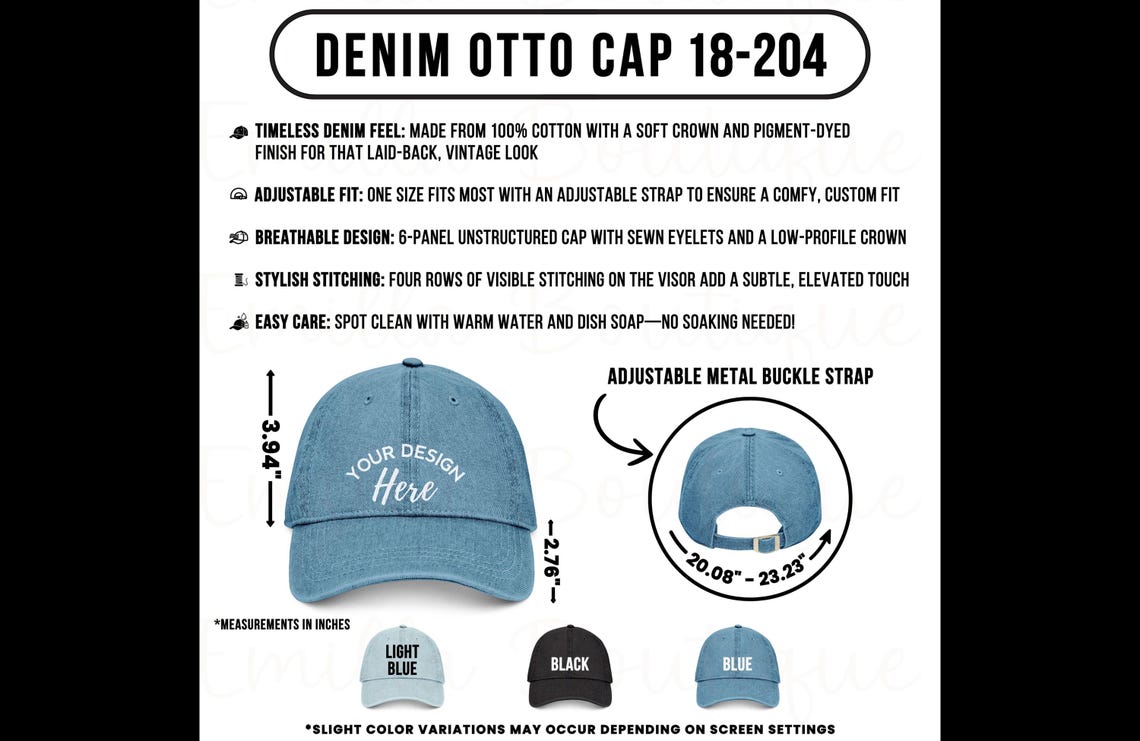 Denim Otto Cap 18-204 Size & Color Chart, Sizing Guide Mockup PNG ...
