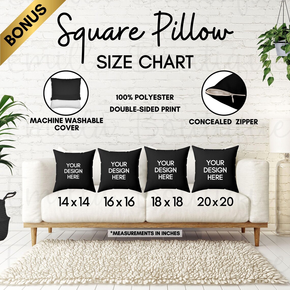 Square Pillow Mockup Size Chart, Spun Polyester Pillow Sizing Chart ...