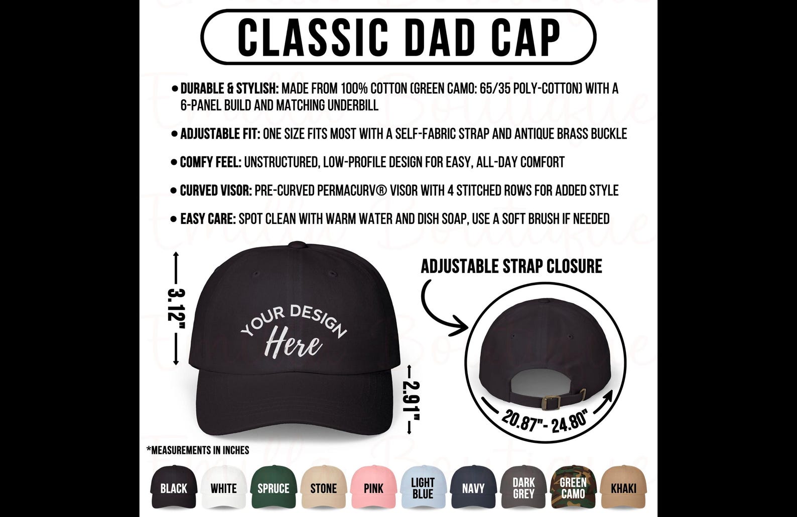 Classic Dad Cap Size Chart Mockup, Printify Dad Hat Sizing Guide, Dad Cap Color Chart, POD Dad ...