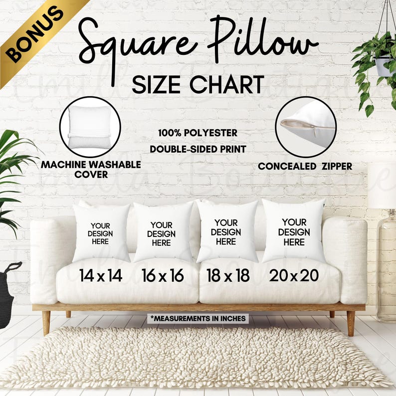 Square Pillow Mockup Size Chart, Spun Polyester Pillow Sizing Chart ...