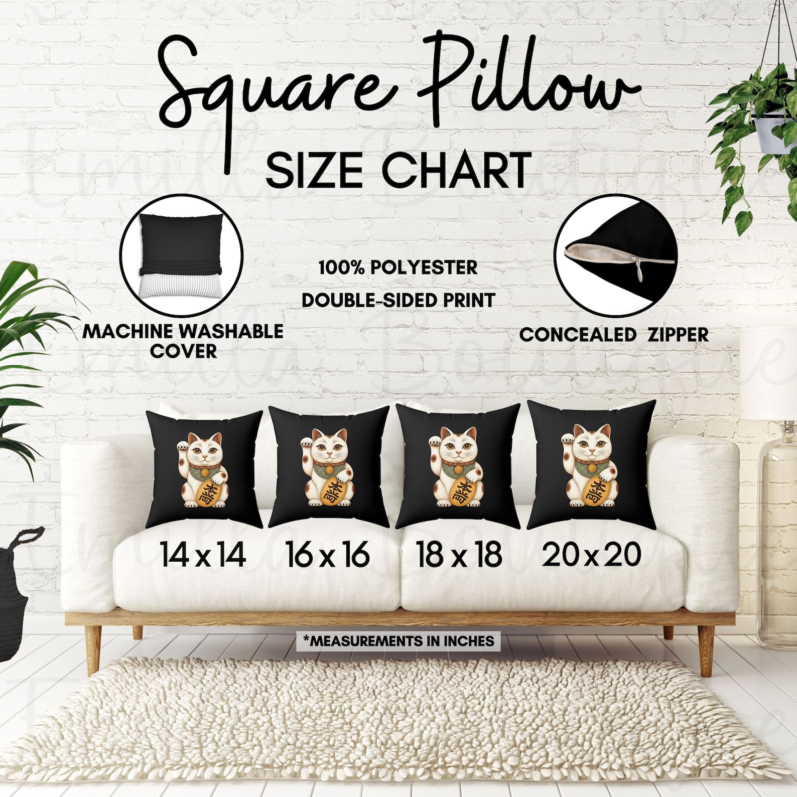 Square Pillow Mockup Size Chart, Spun Polyester Pillow Sizing Chart ...
