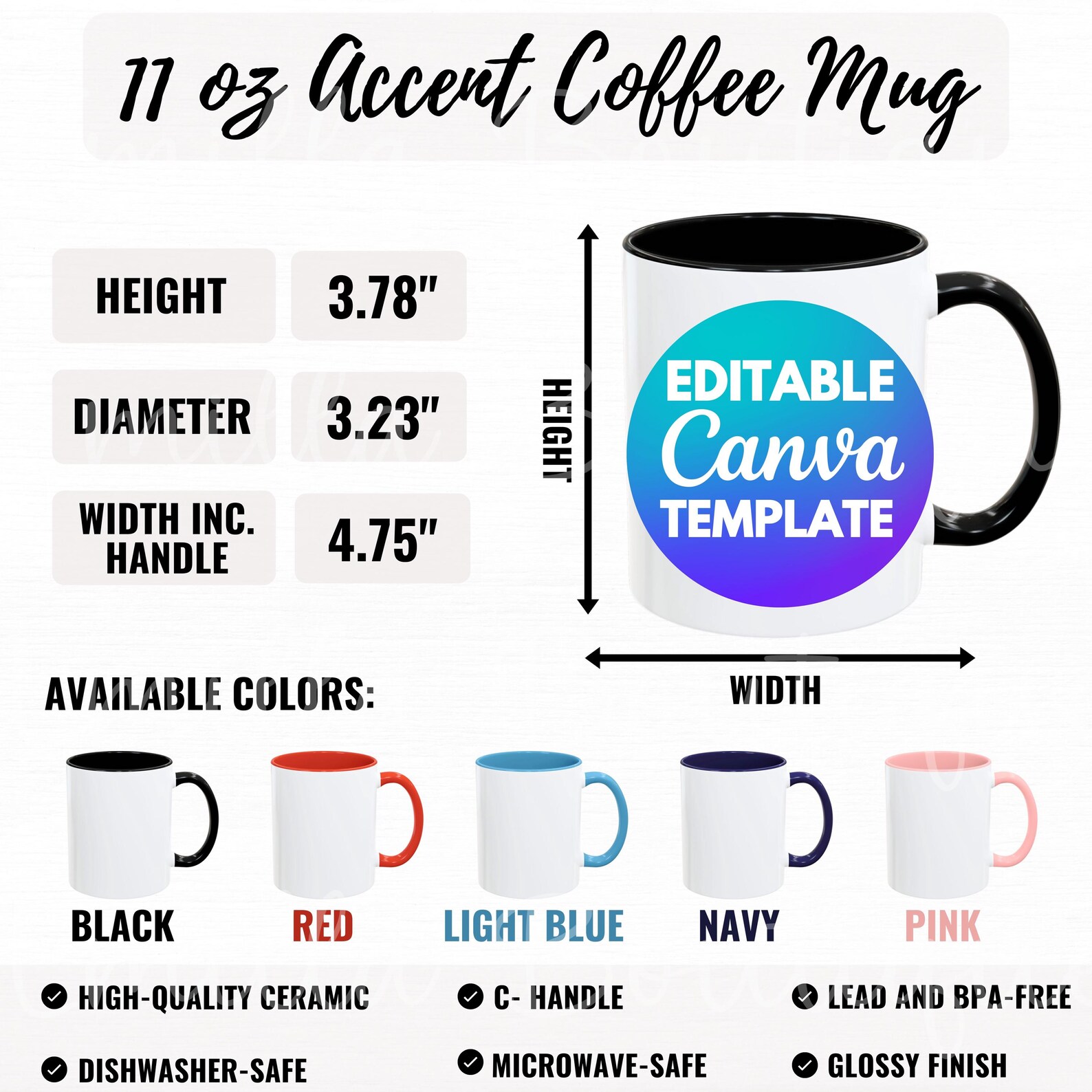 11oz Accent Coffee Mug Size Chart Canva Template, Two Tone Mug Sizing ...