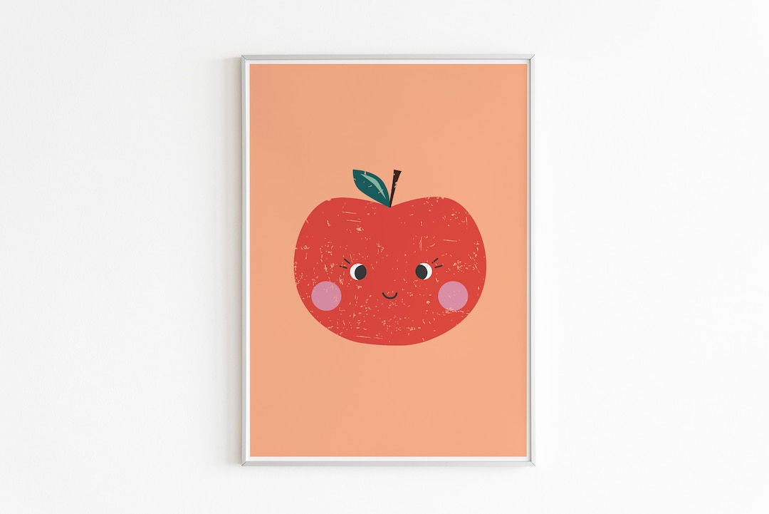 Red Apple Printable Poster, Smiling Apple Print, Kids Room Poster, Cute ...