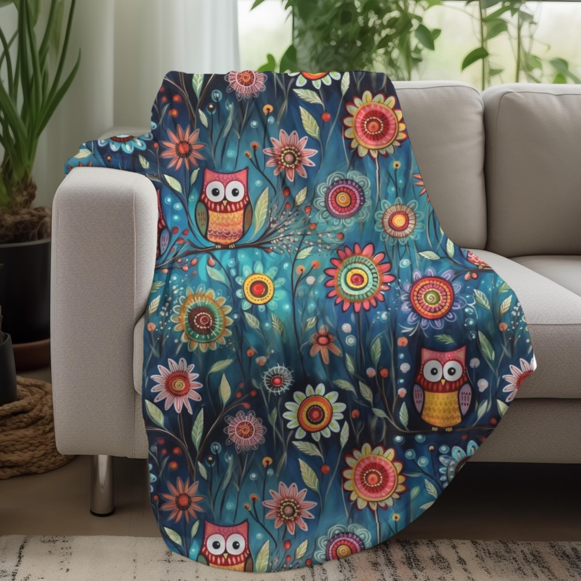 Cozy Owl Blanket, Floral Throw, Owls and Flowers, Fleece Sherpa or Soft ...