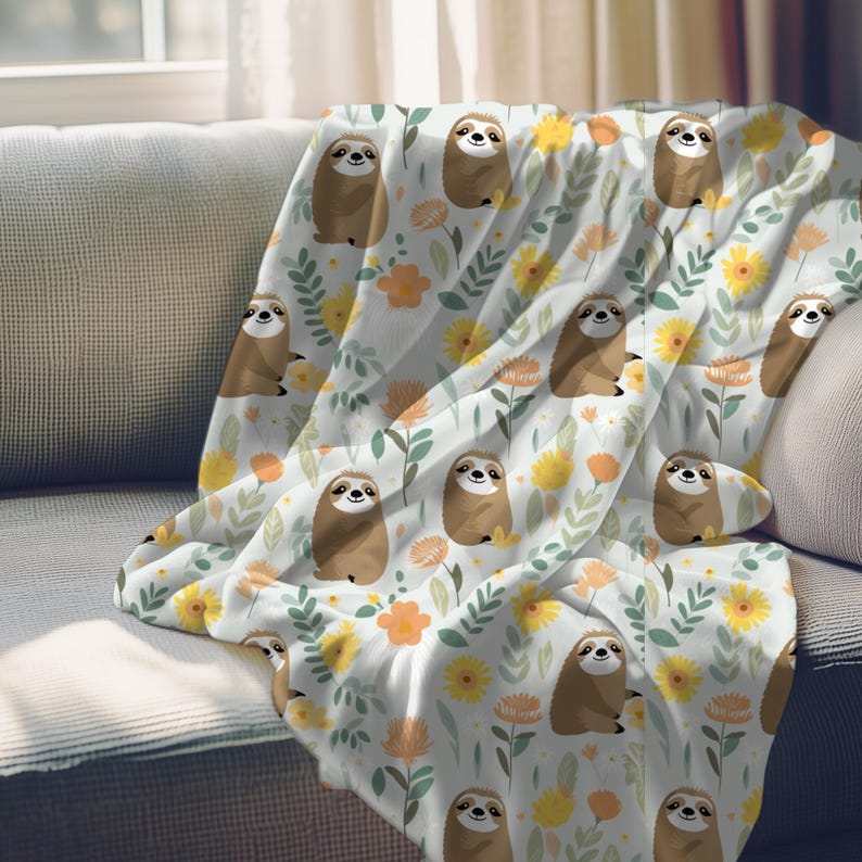 Cozy Sloth Blanket, Floral Throw, Sloths and Flowers, Fleece Sherpa or ...