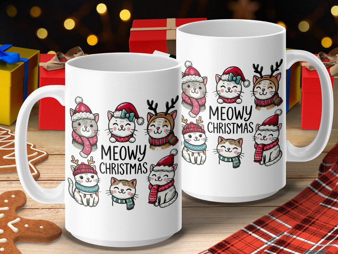 Cute Meowy Christmas Cat Mug, Holiday Cat Lover Gift, Adorable ...
