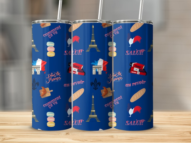 French Paris Theme Tumbler, Eiffel Tower Macarons French Flag Design ...