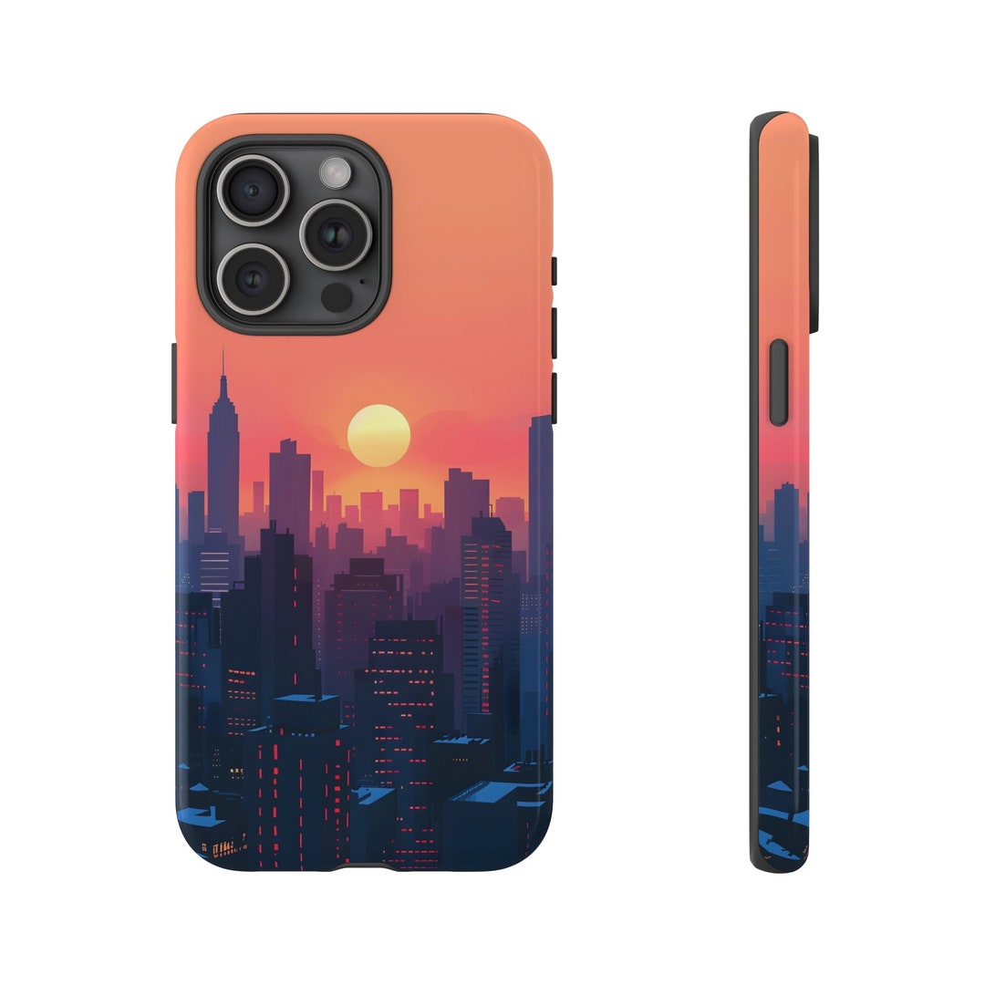 City Skyline Sunset Phone Case Cityscape Charm Phone Cover Red Orange ...