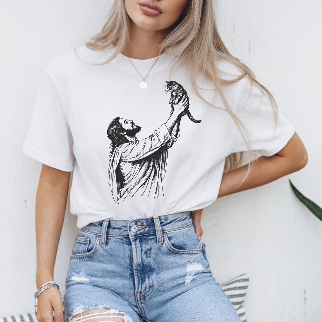 Jesus Holding Cat T-shirt Jesus and Cats Lover Shirt Christian Cat Mom ...