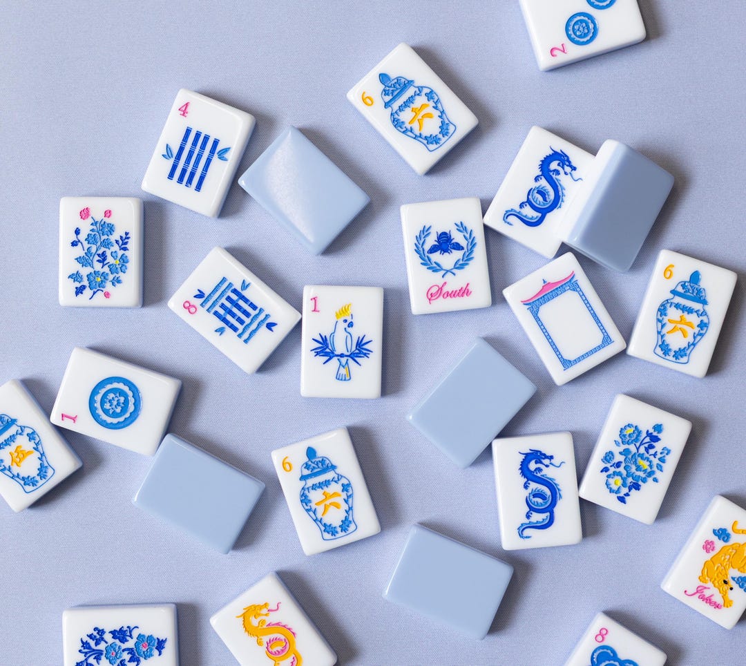 Blue Chinoiserie Mahjong Tiles, Cornflower Blue and White Mahjongg Set ...