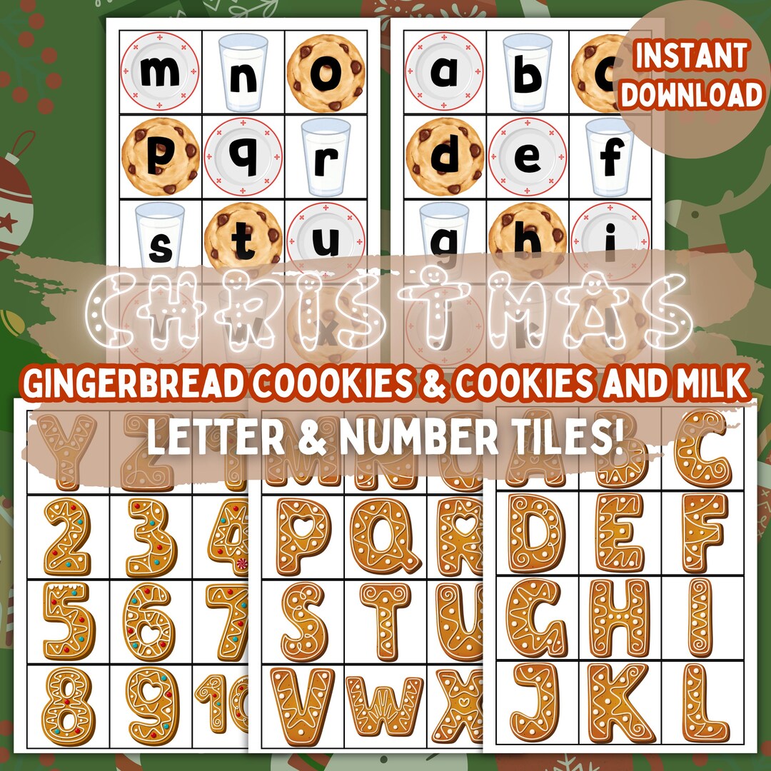 Christmas Gingerbread Cookies & Milk, Letter + Number Tiles, Preschool ...
