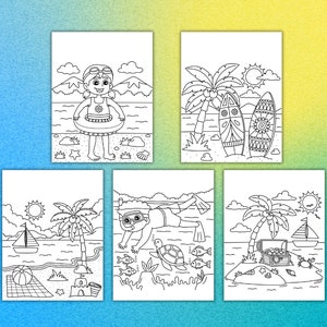 Summer Fun Coloring Page Set, Instant Download, Pool Party Activity ...