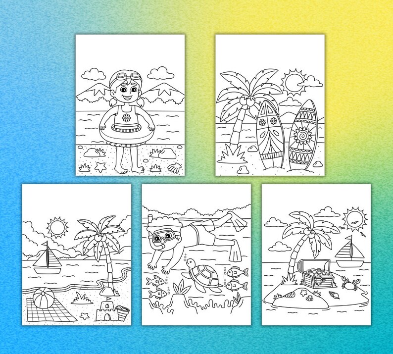 Summer Fun Coloring Page Set, Instant Download, Pool Party Activity ...