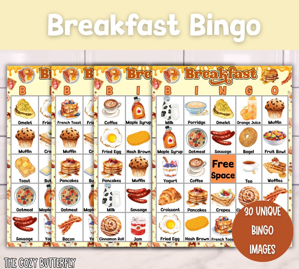 20 Breakfast Bingo Cards Printable Game, Sunday Brunch Bingo, Board ...