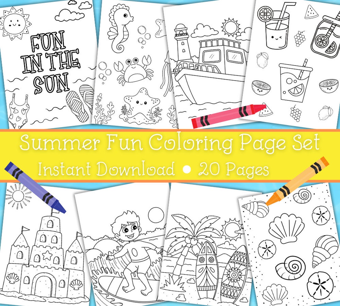 Summer Fun Coloring Page Set, Instant Download, Pool Party Activity ...
