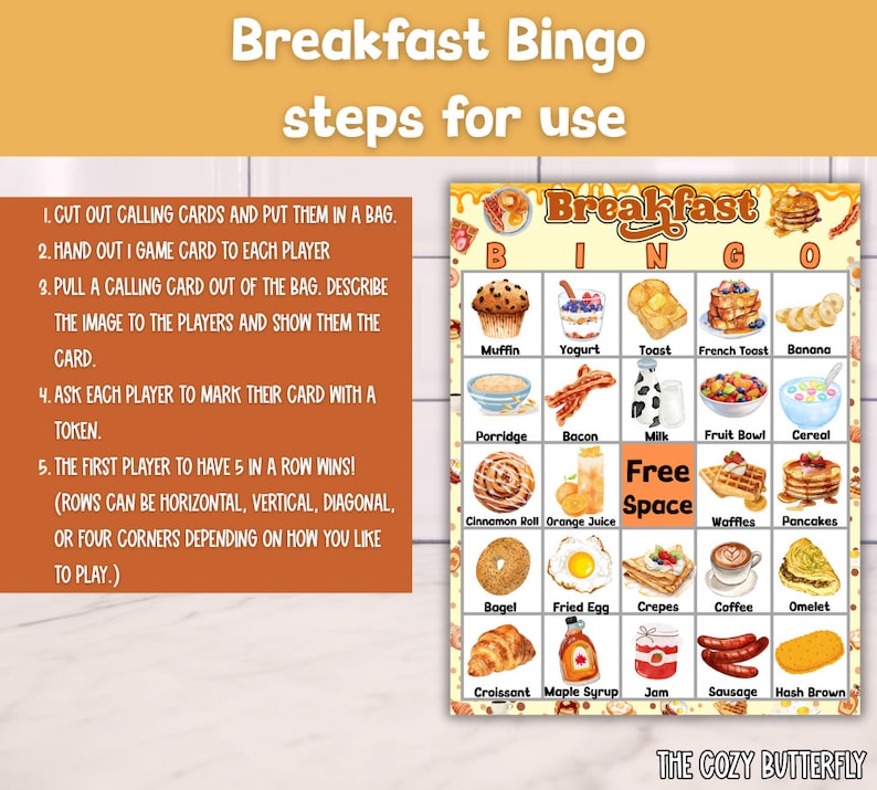 20 Breakfast Bingo Cards Printable Game, Sunday Brunch Bingo, Board ...