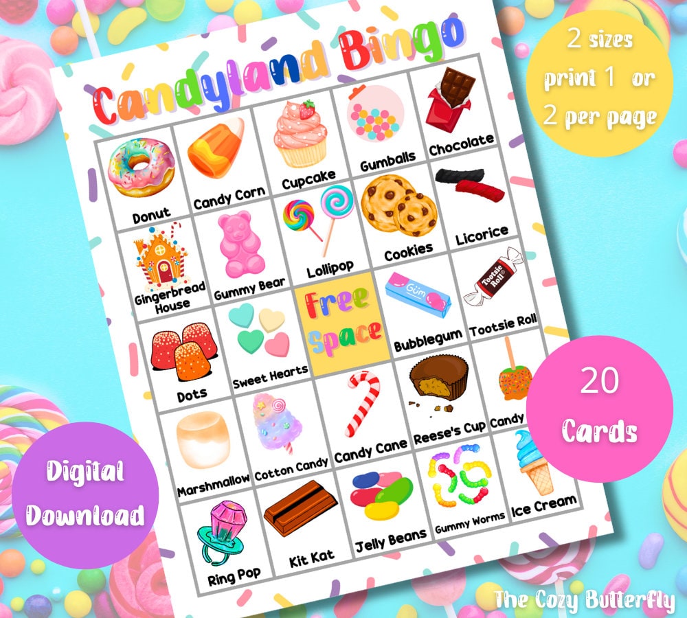 Candyland Bingo, Candy Theme Game, 20 Bingo Cards, Kids Candy Game ...