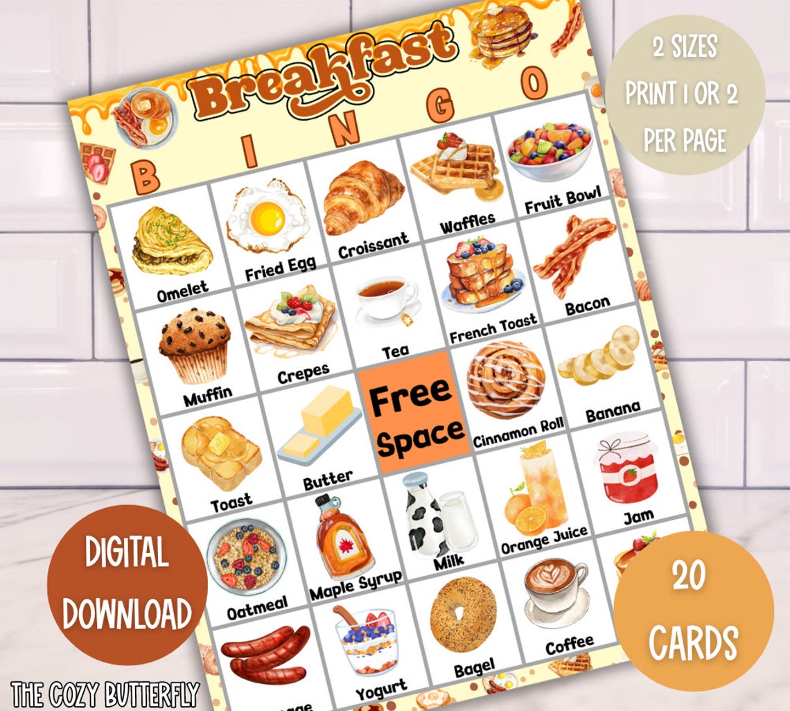 20 Breakfast Bingo Cards Printable Game, Sunday Brunch Bingo, Board ...