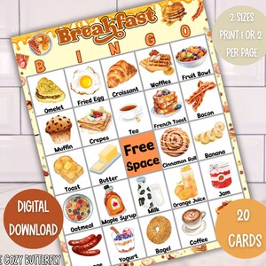 20 Breakfast Bingo Cards Printable Game, Sunday Brunch Bingo, Board ...